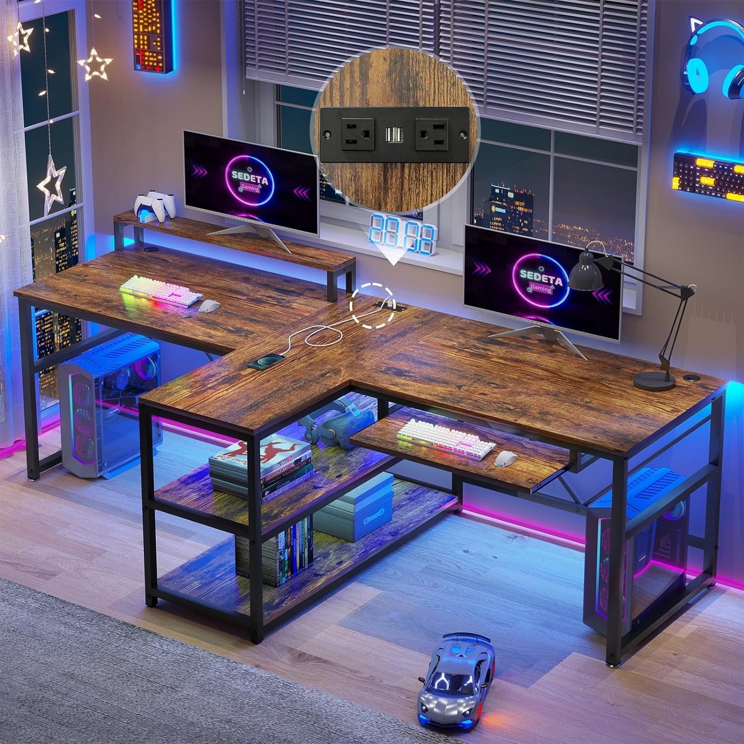 DJ478914_3/ Two Person Double Computer Desk LED Gaming Desk 2 Storage ...
