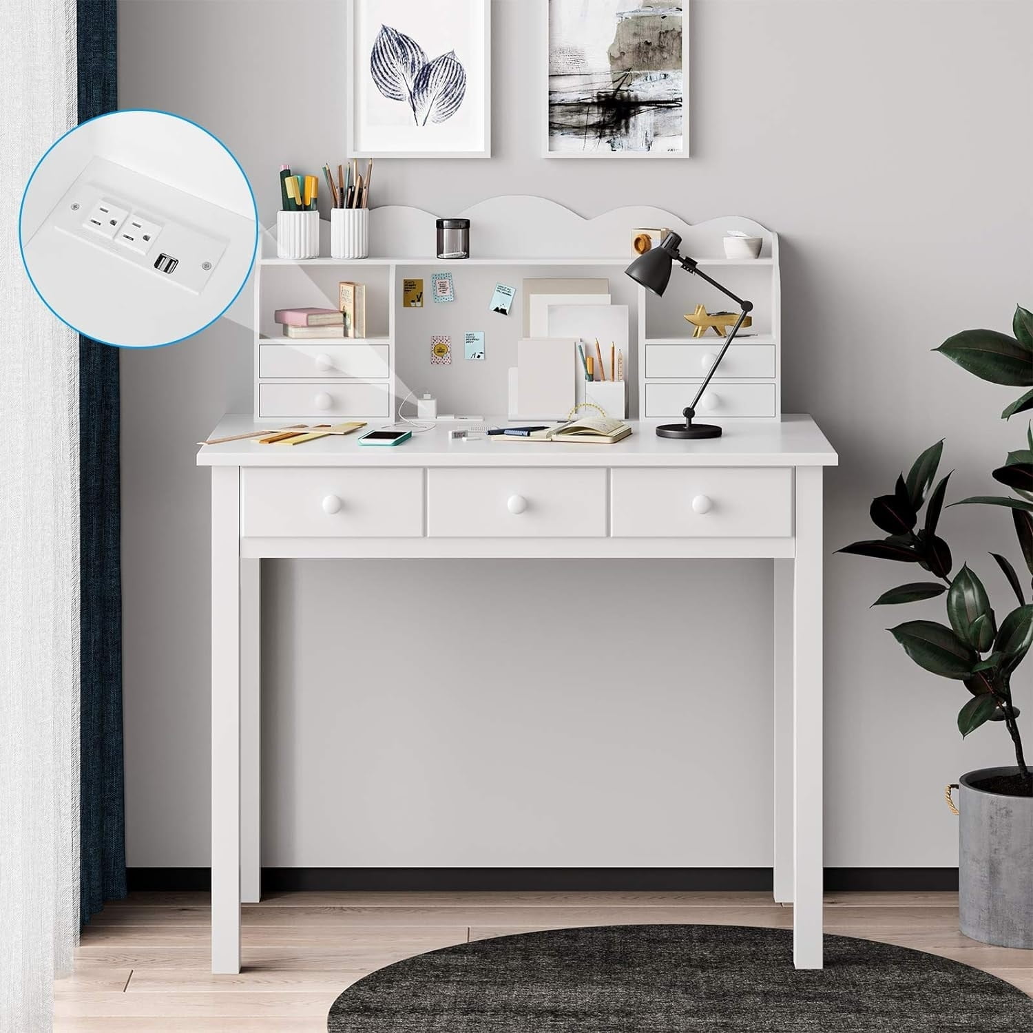 DJ481034 Writing Desk with USB Port Home Office Desk with 7 Drawers ...
