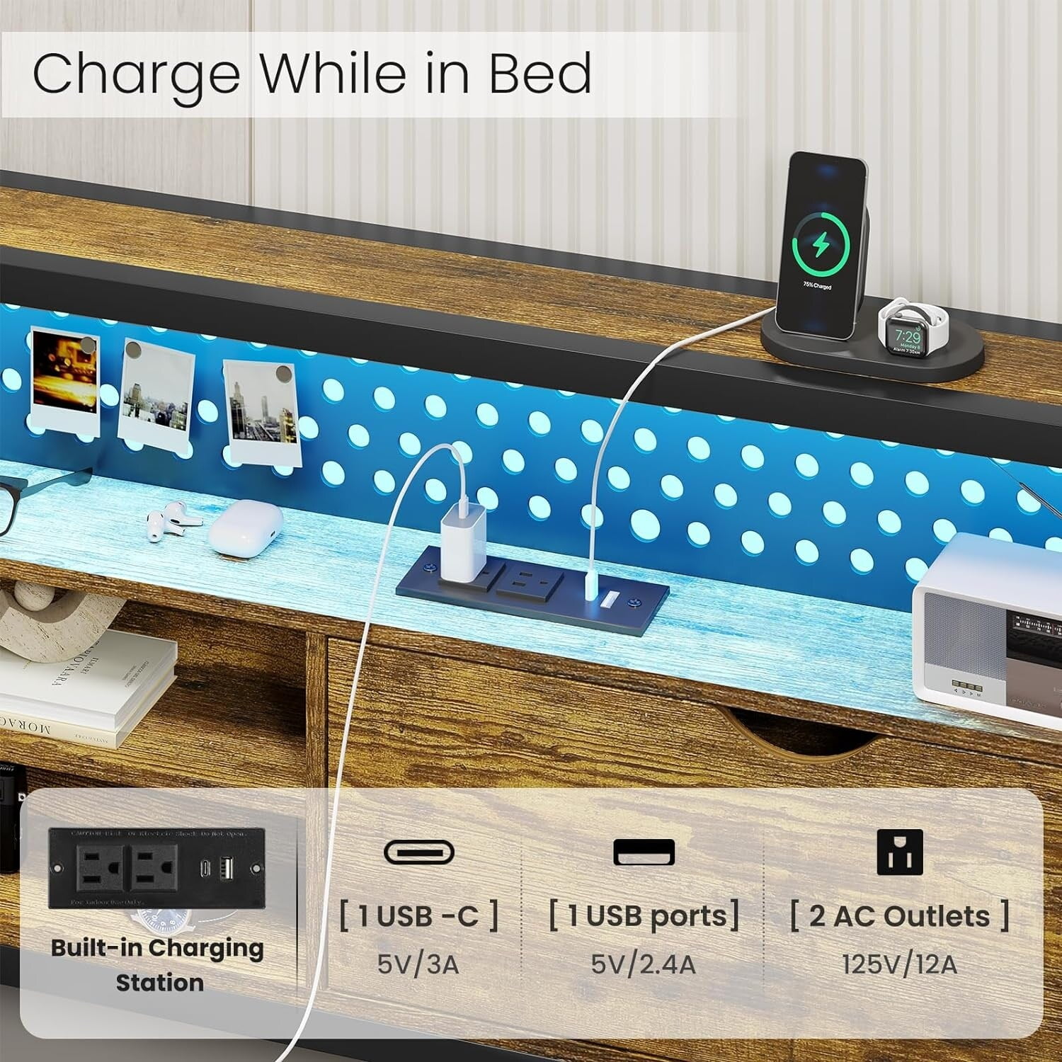 DJ503019_1 Bed Frame Hidden Storage Headboard 2-Tier Built-in LED ...