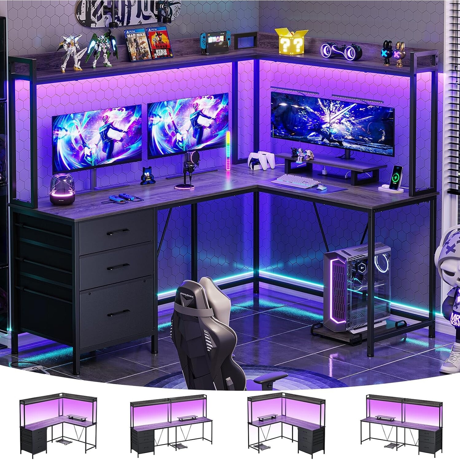 DJ503355_3 L Shaped Gaming Desk with Hutch Computer Desk with Power ...