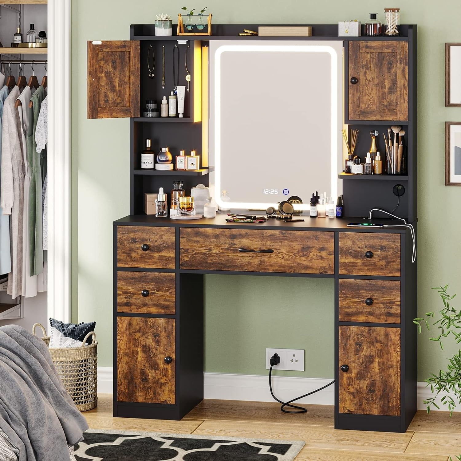 DJ503664_1 5 Drawers Vanity Desk Touch Screen Mirror Time Display ...