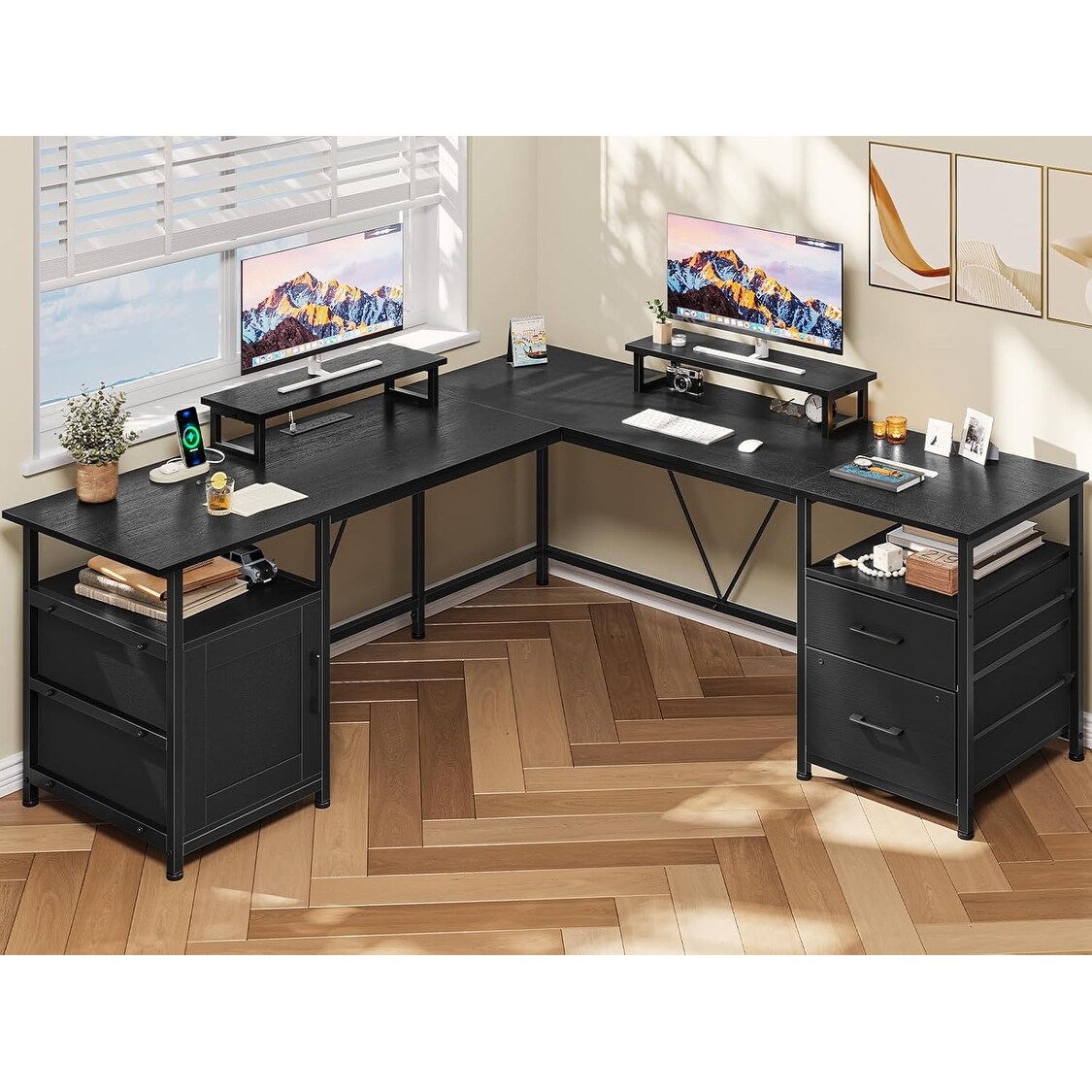 DJ503706_2 L Shaped Computer Desk Power Outlets, 2 Person Storage ...