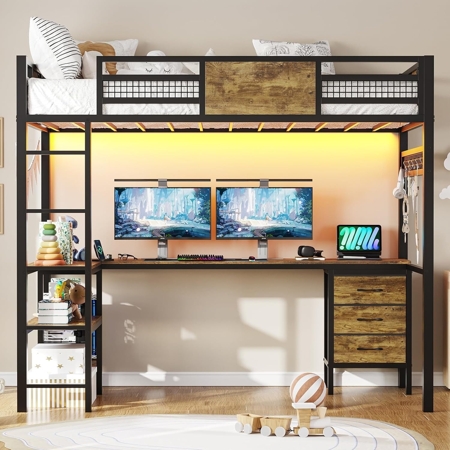 DJ503727_2 Loft Bed with Desk Gaming Bunk Bed LED Lights Charging ...