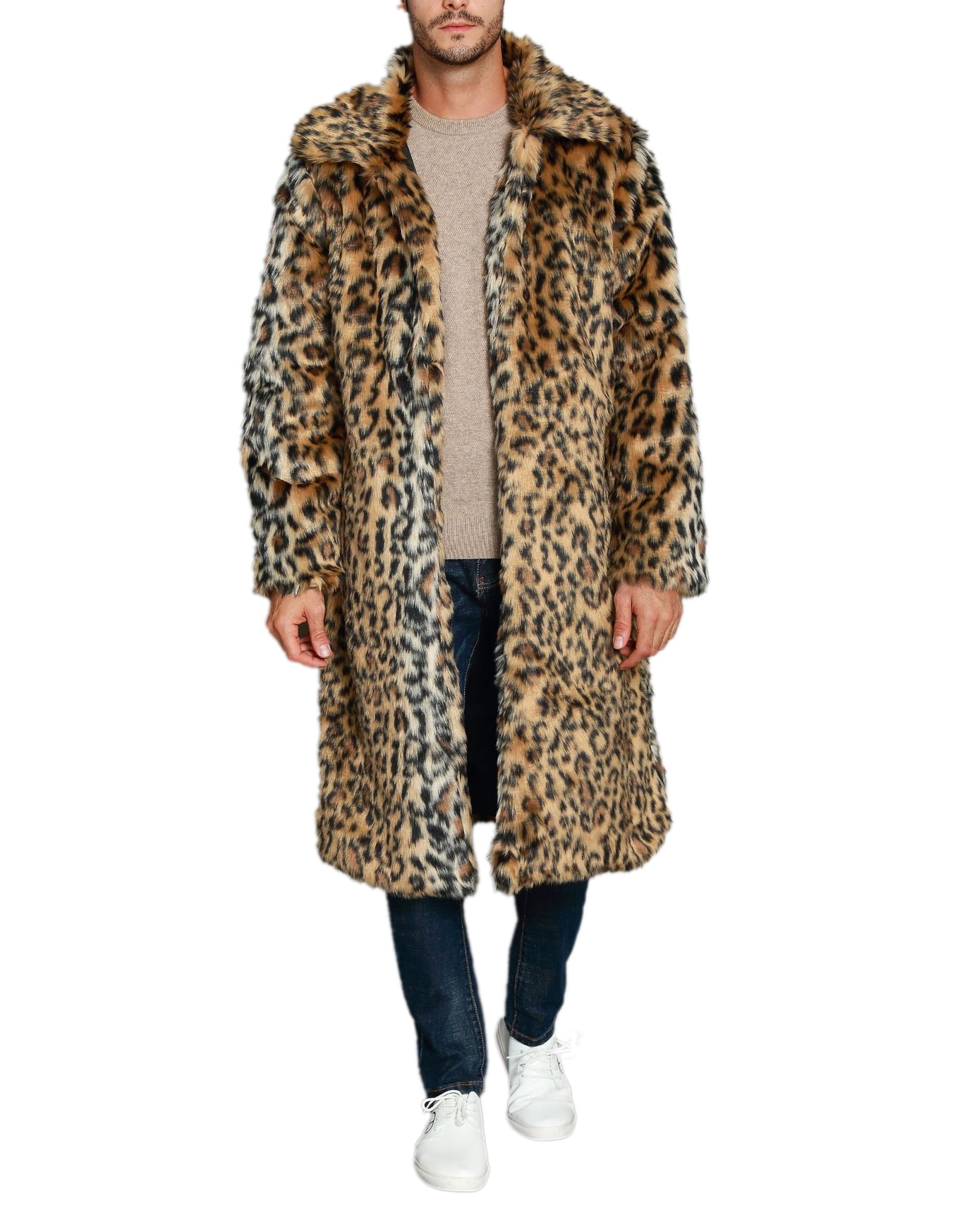 DJBM Men's Long Leopard Faux Fur Coats Turn-Down Collar Outerwear Open ...