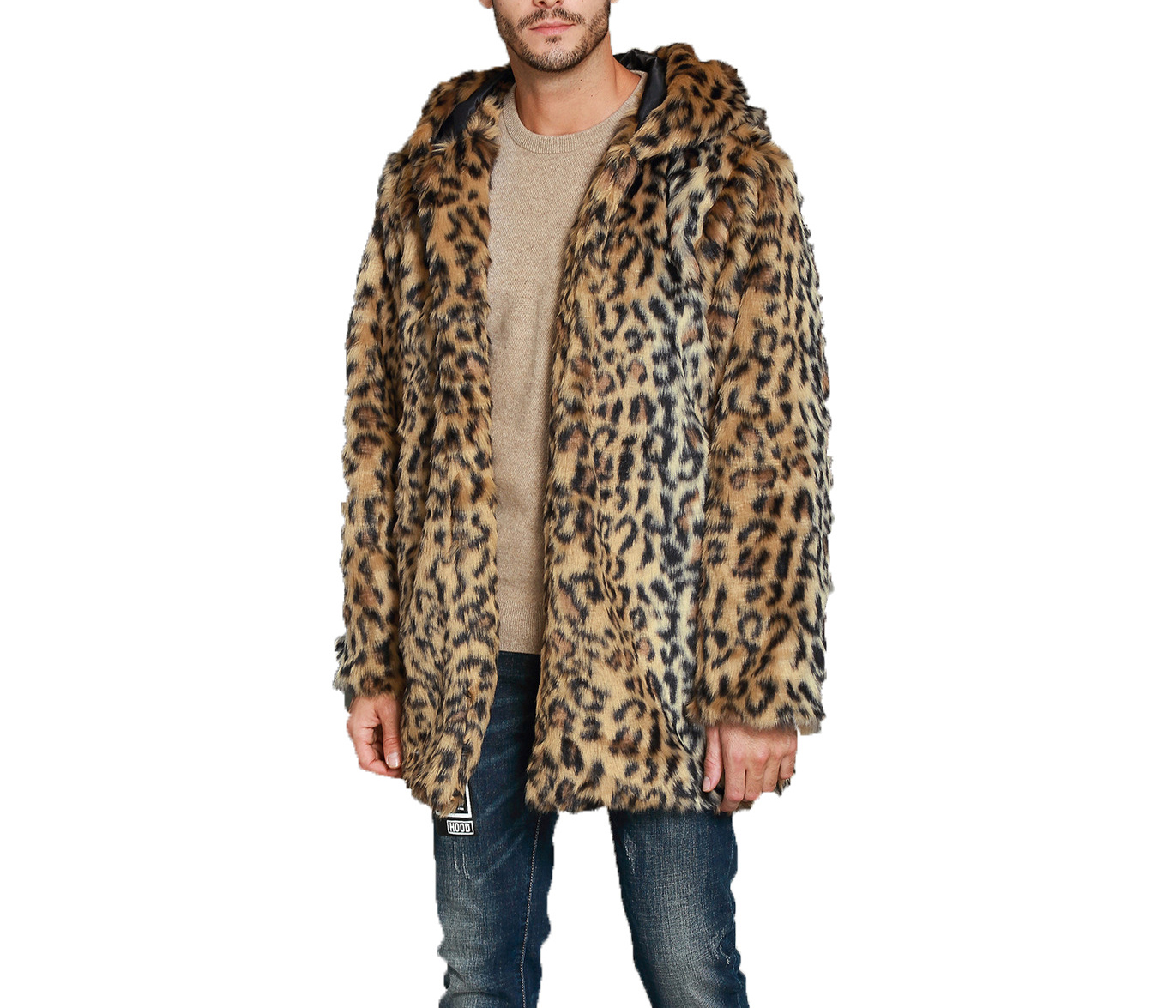 DJBM Men’s Winter Faux Fur Leopard Hooded Jacket Open Front Coat with Lapel Side Pockets for ...
