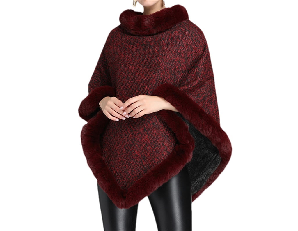 DJBM Pullover Faux Fur Knitted Shawl Cape Chic One-Piece Wrap Cloak for ...