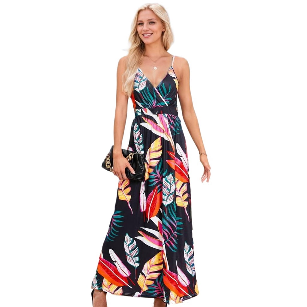 DJBM Women Adjustable Spaghetti Strap V Neck Flowy Maxi Dress Sexy ...