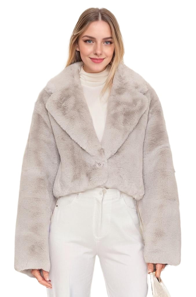 DJBM Women Chic Faux Fur Notch Lapel Cropped Coat Warm Cozy Open Front ...