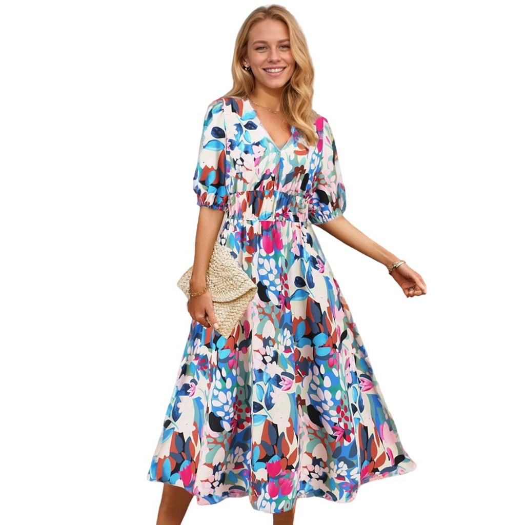 DJBM Women Floral Short Sleeved Sundress Elegant Exquisite A Line ...