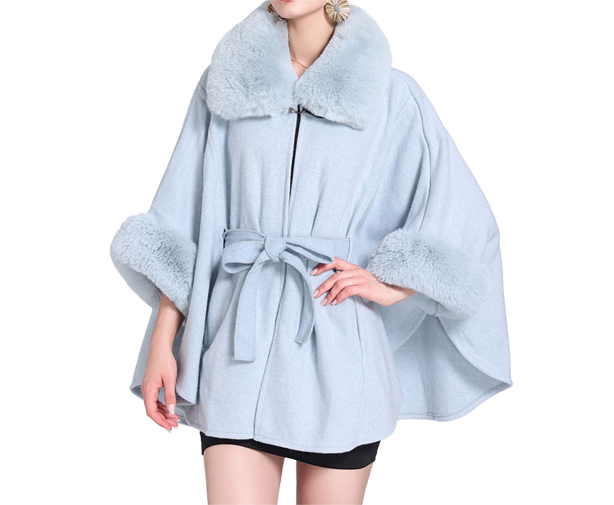 DJBM Women Lapel Faux Fur Knitted Cloak Cape Classy Belted Poncho with ...