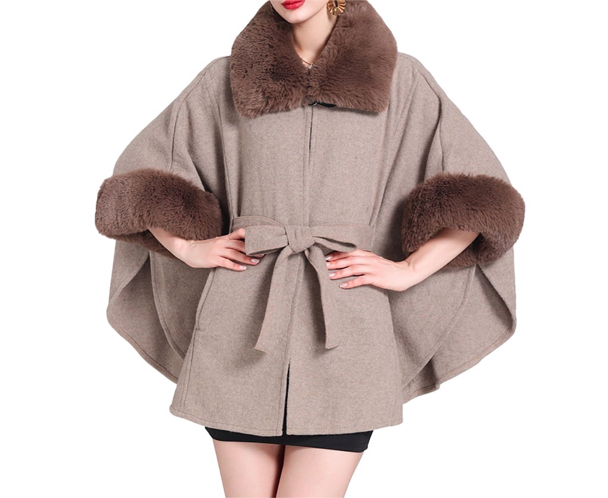 DJBM Women Lapel Faux Fur Knitted Cloak Cape Classy Belted Poncho with ...