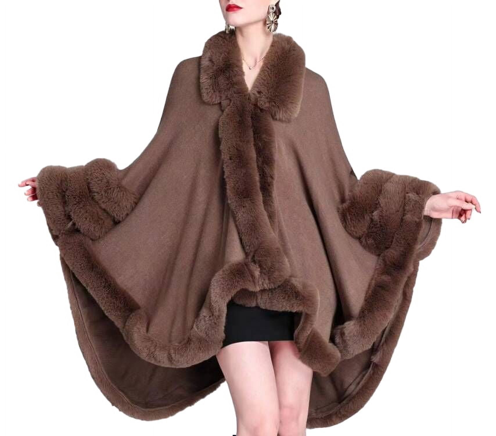 DJBM Women Large Lapel Wrap with Bat Sleeves Fluffy Chic Faux Fur Shawl ...