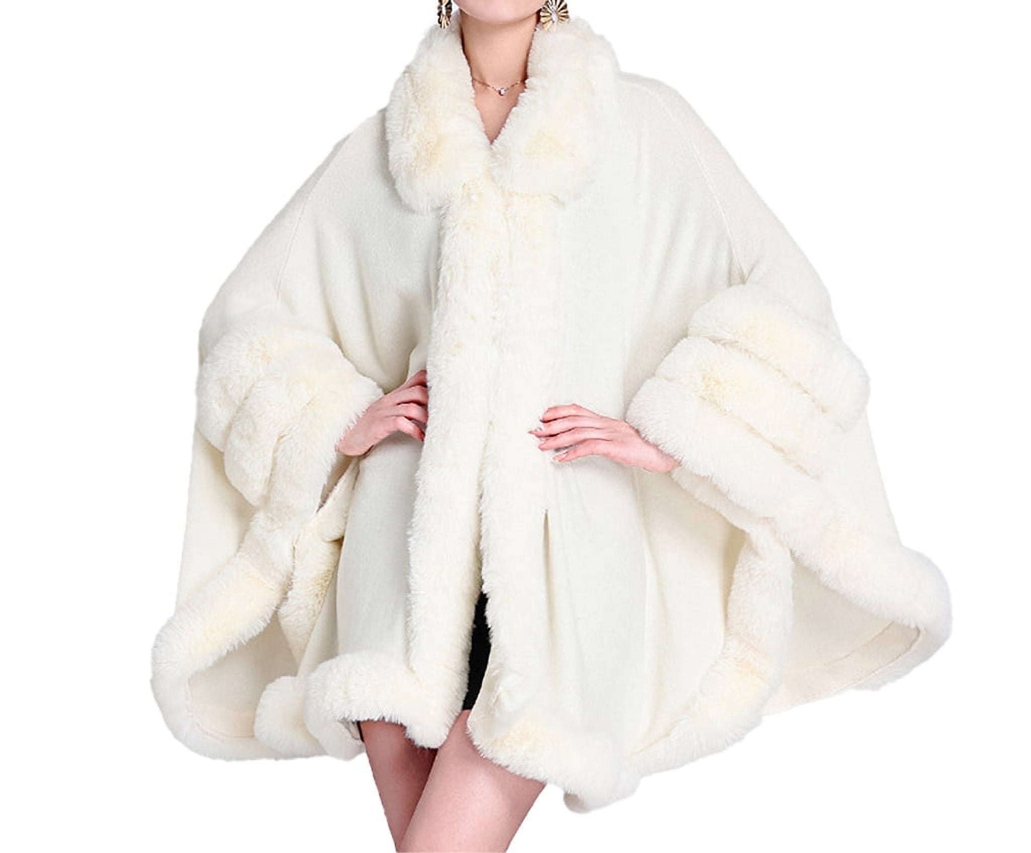 DJBM Women Large Lapel Wrap with Bat Sleeves Fluffy Chic Faux Fur Shawl ...