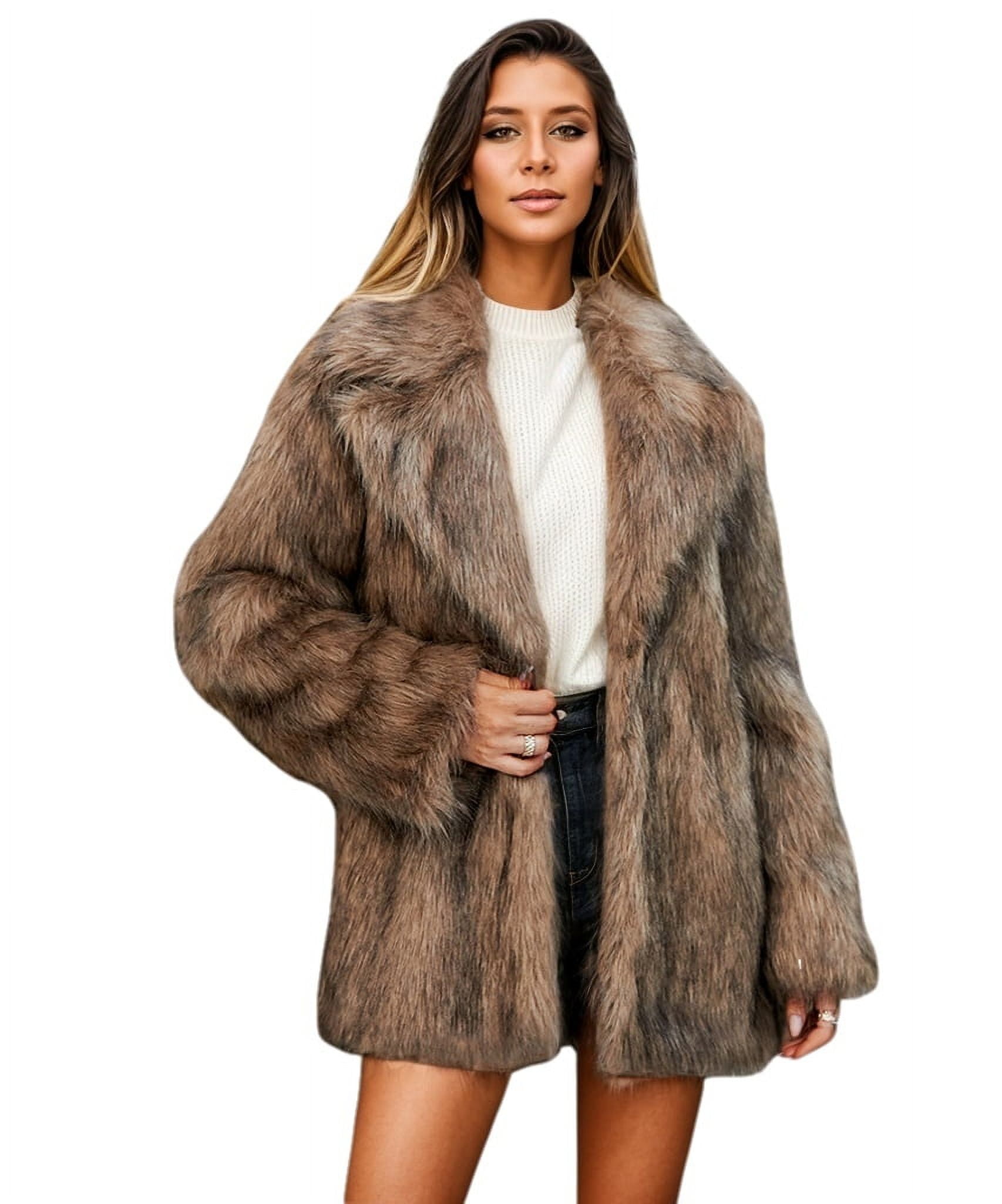 DJBM Women Winter Lapel Long Sleeves Faux Fur Outerwears Fluffy Warm ...