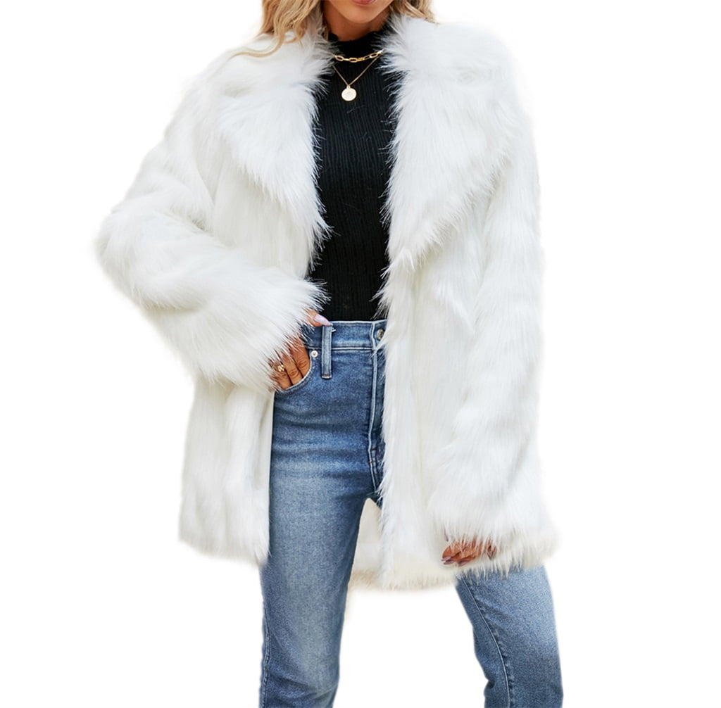 DJBM Women Winter Lapel Long Sleeves Faux Fur Outerwears Fluffy Warm ...