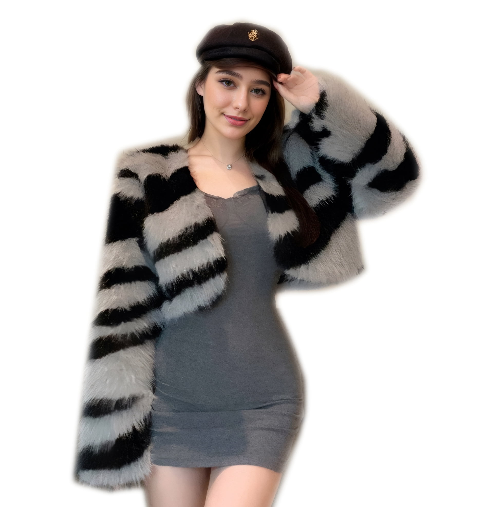 DJBM Women Zebra V Neck Cardigan Short Coat Furry Sexy Cozy Faux Fox ...