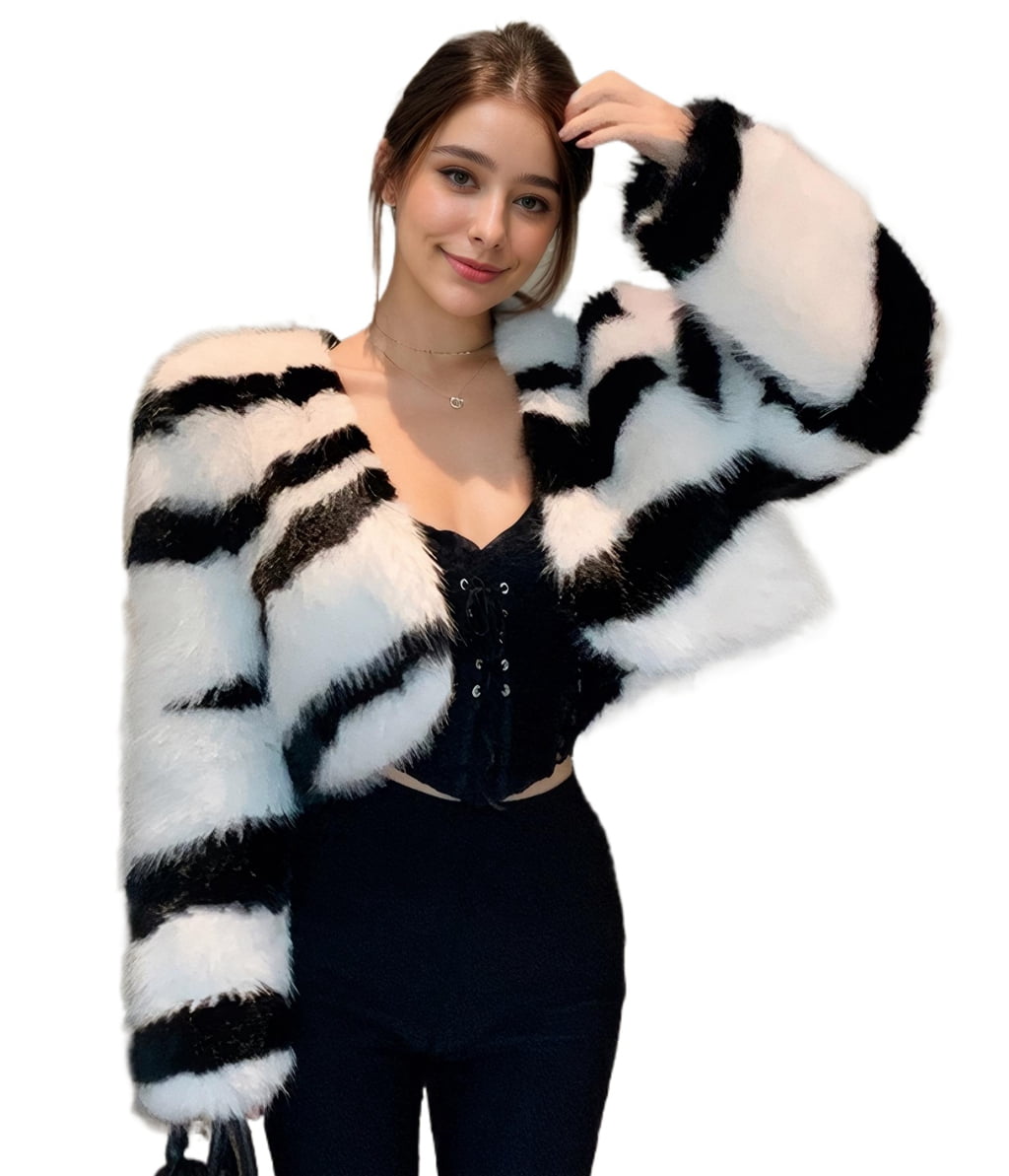 DJBM Women Zebra V Neck Cardigan Short Coat Furry Sexy Cozy Faux Fox ...