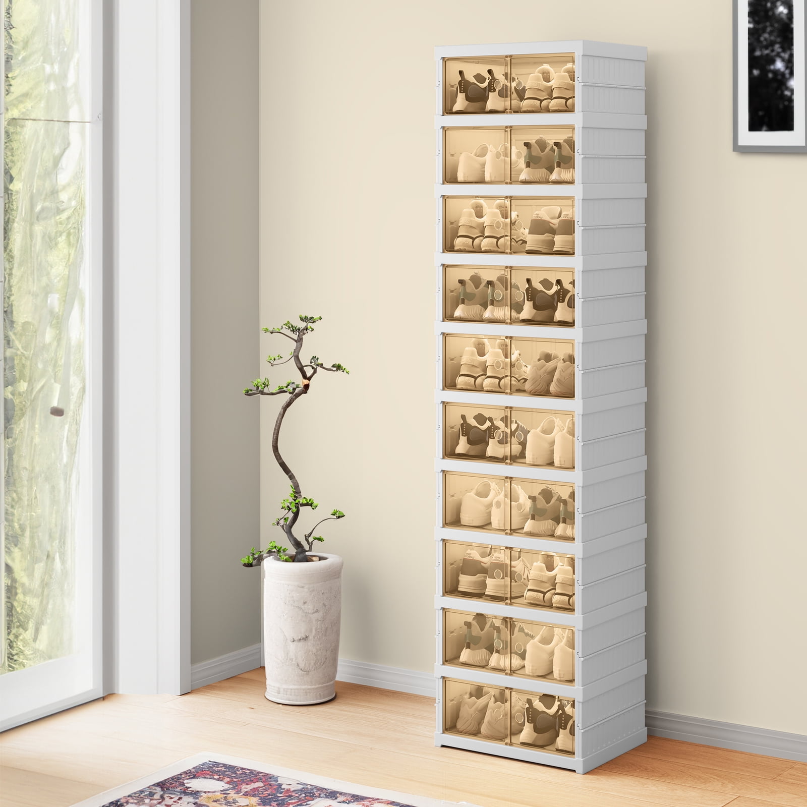 DJDG 10-Tier Shoe Storage Organizer, Collapsible Shoe Rack With Clear Magnetic Door, Holds up to ...