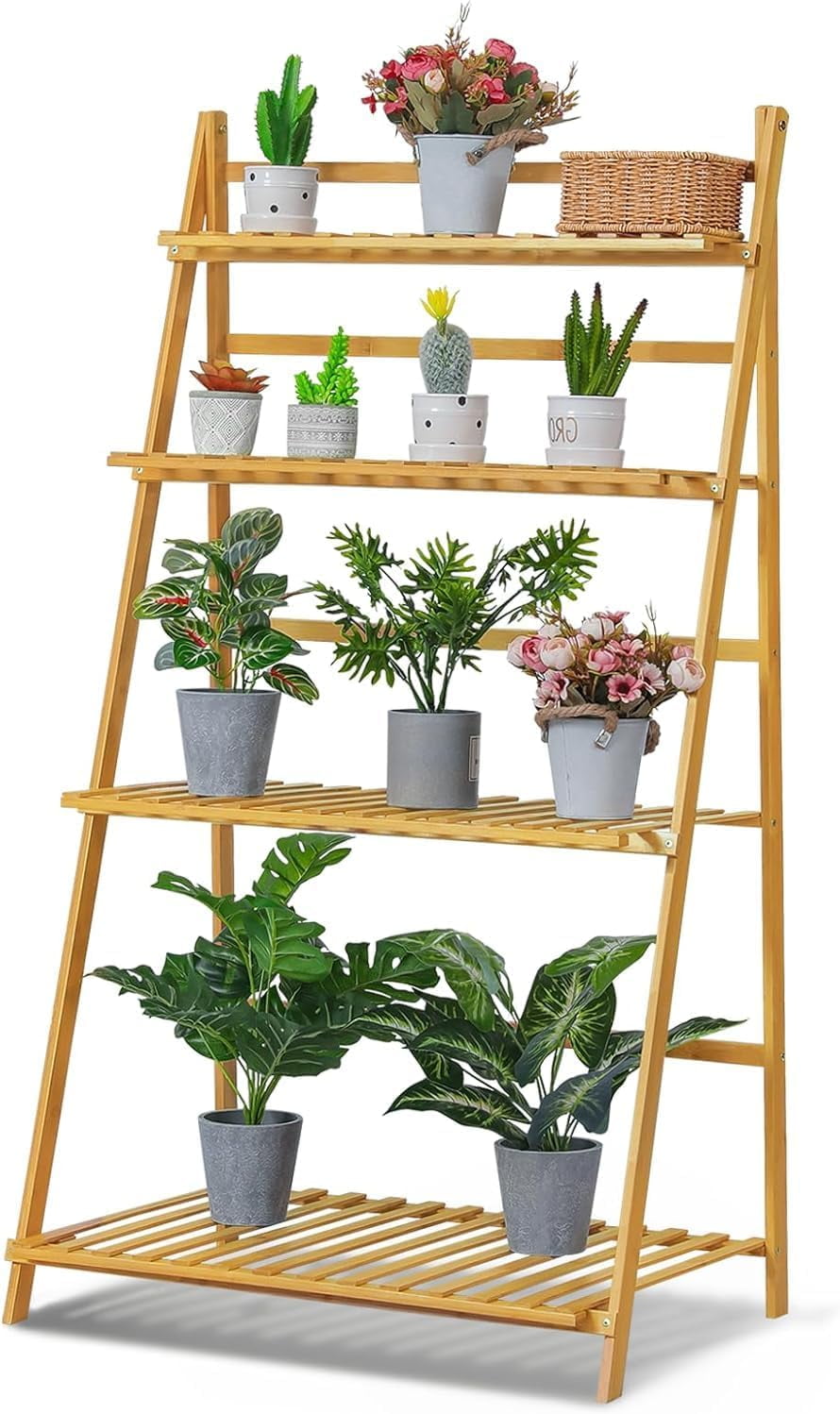 DJDG 28" Bamboo Ladder Plant Stand 4 Tiers Foldable Flower Pot Display ...