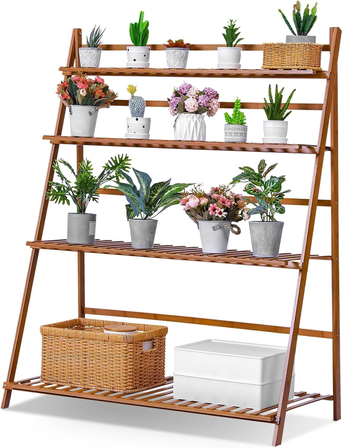 DJDG 39" Bamboo Ladder Plant Stand 4 Tiers Foldable Flower Pot Display ...