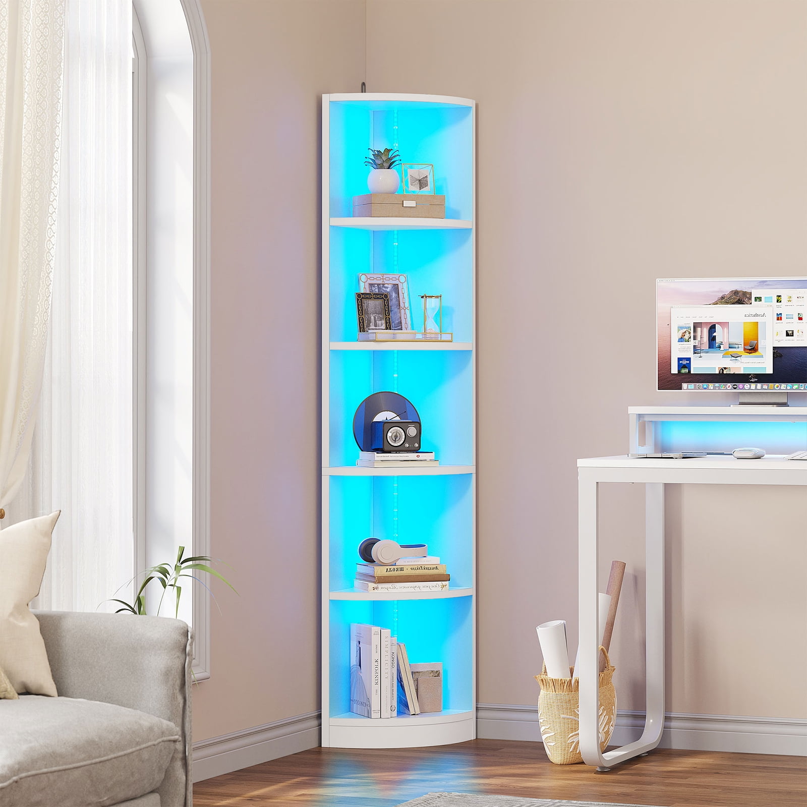 DJDG 71" Corner Shelf with LED Light, 5 Tier Modern Corner Bookshelf ...