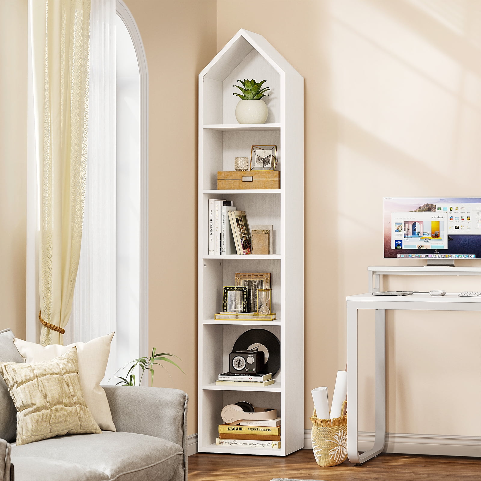 DJDG 73" Tall Narrow Bookshelf, Modern Open 6 Tier Bookcase, Wooden ...