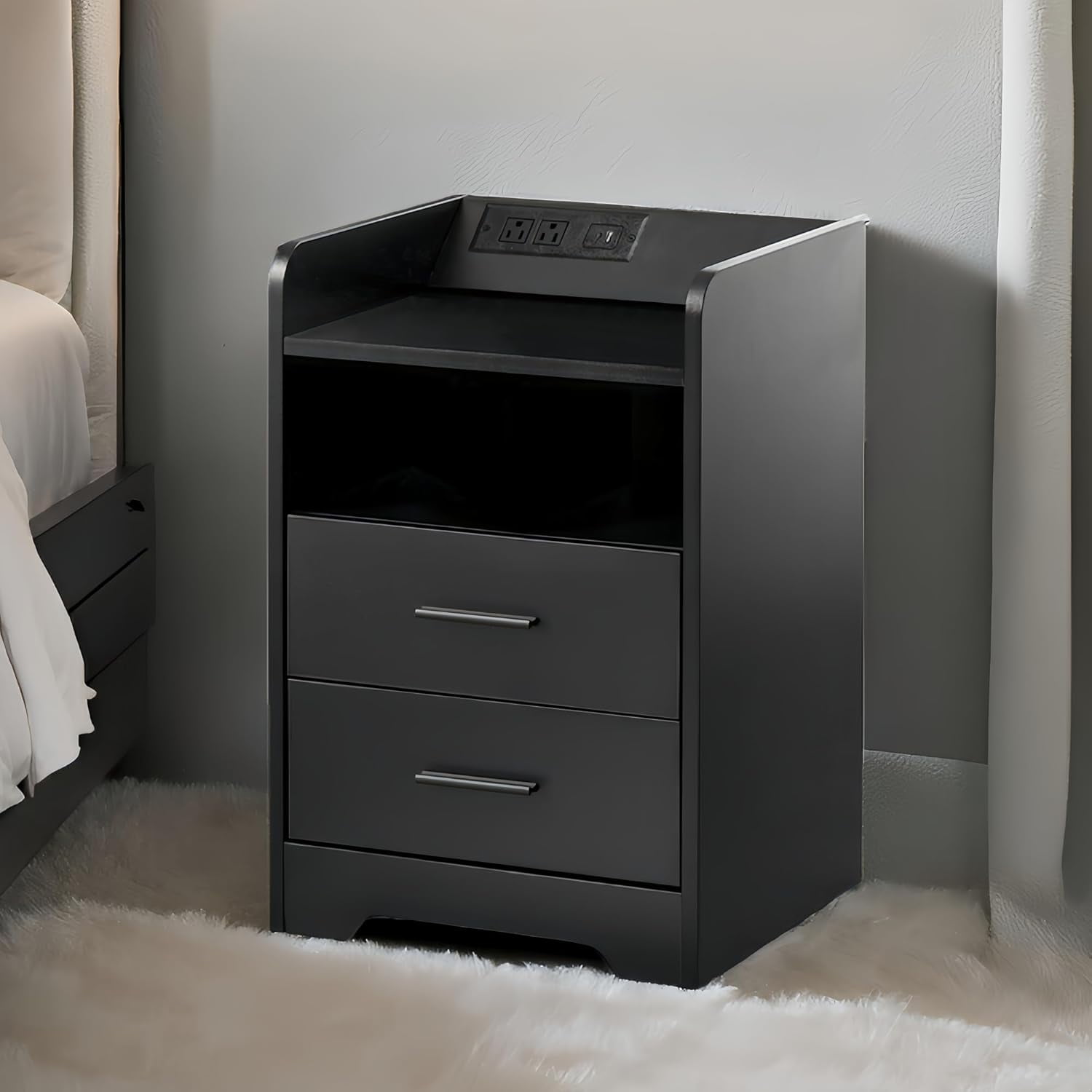 DJDG Black Nightstand, Charging Station and LED Lighting, Black Night ...