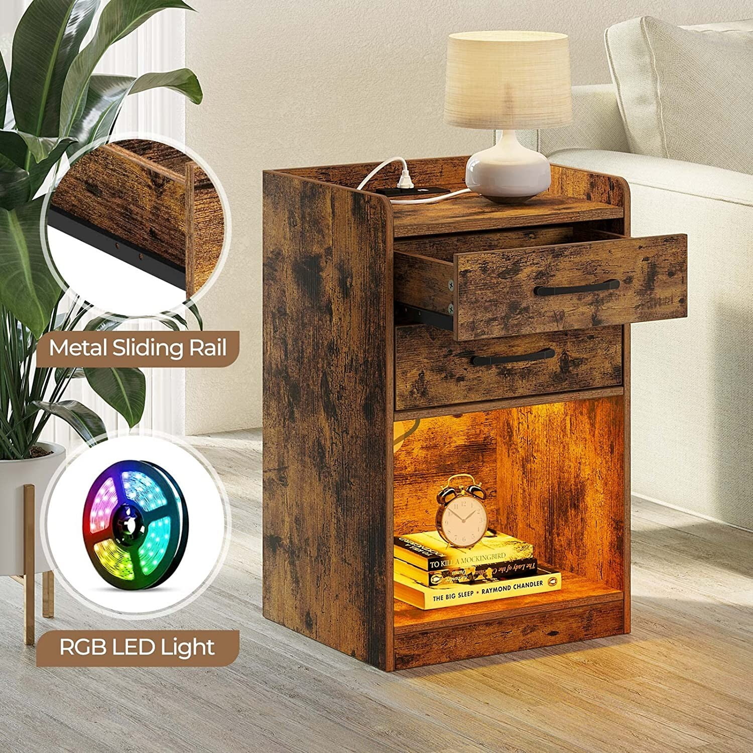 DJDG Nightstand with Charging Station, End Table with two Drawer and ...
