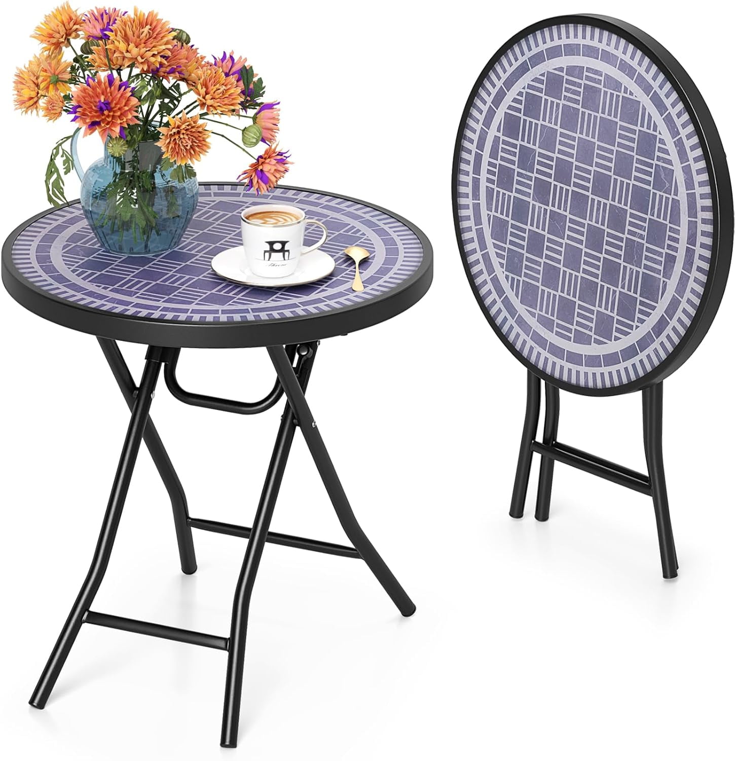 DJDG Round Folding Side Table, 18 Inch Patio Coffee Table with Tempered ...