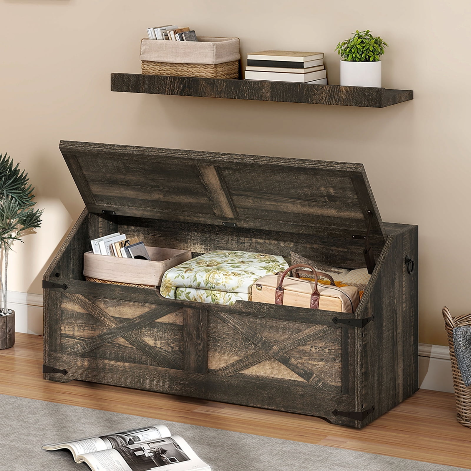 DJDG Storage Chest, Farmhouse Storage Bench with 4 Wheels, 39.4" Wood ...