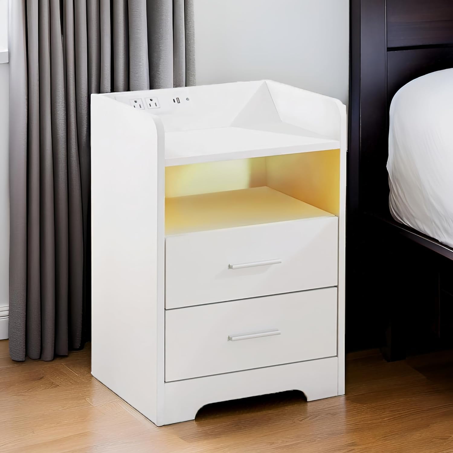 DJDG White Nightstand, Charging Station and LED Lighting, White Night ...