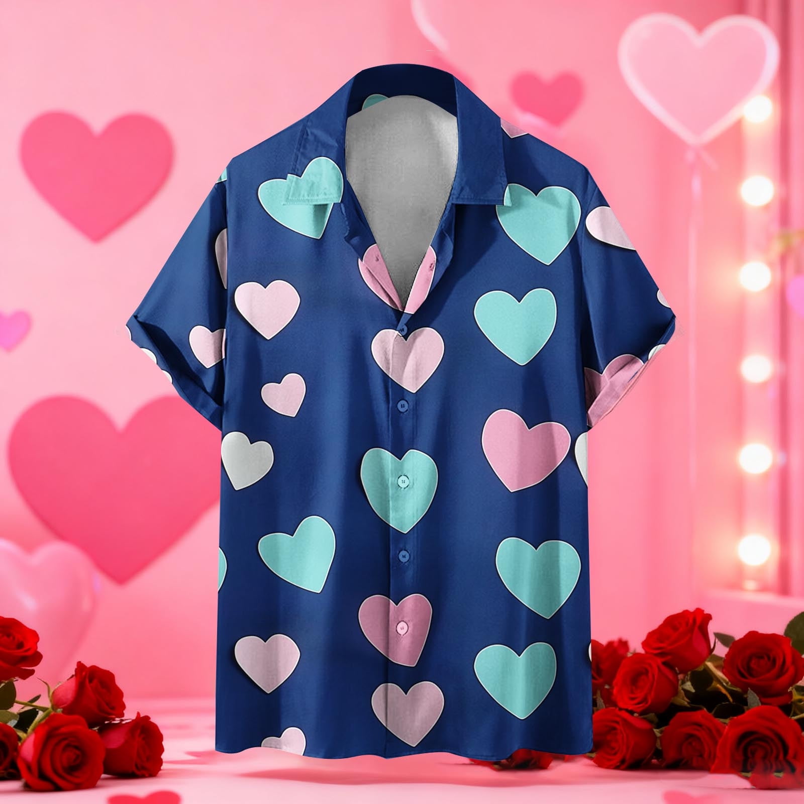 DJDLJWCJ Men’s Short Sleeve Button Shirt, Valentine's Day Heart Print ...