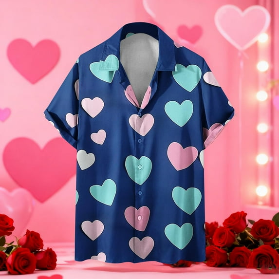 DJDLJWCJ Men’s Short Sleeve Button Shirt, Valentine's Day Heart Print ...