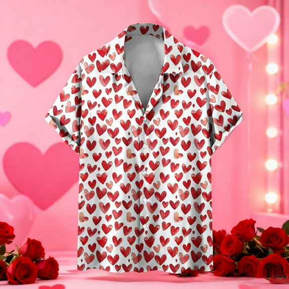 DJDLJWCJ Men’s Short Sleeve Button Shirt, Valentine's Day Heart Print ...
