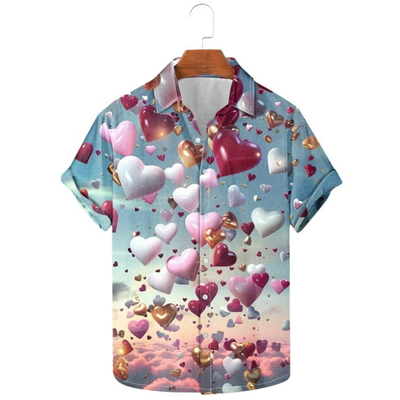 DJDLJWCJ Men’s Valentine's Day Button Shirt, Heart Print Lapel Summer ...