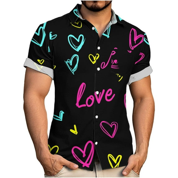 DJDLJWCJ Men’s Valentine's Day Button Shirt, Heart Print Plus Size ...