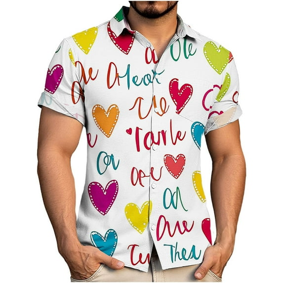 DJDLJWCJ Men’s Valentine's Day Button Shirt, Heart Print Plus Size ...