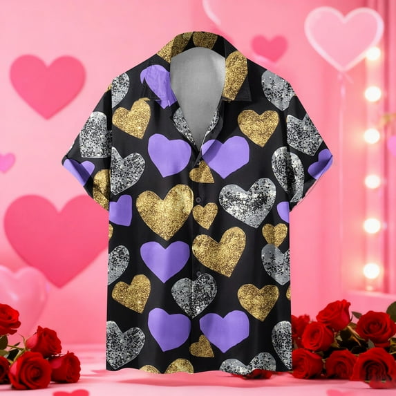 DJDLJWCJ Men’s Valentine's Day Button Shirt, Lapel Heart Print Loose ...