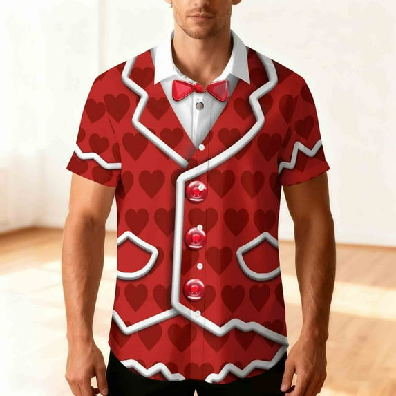 DJDLJWCJ Men’s Valentine's Day Button Shirt, Lapel Heart Print Loose ...