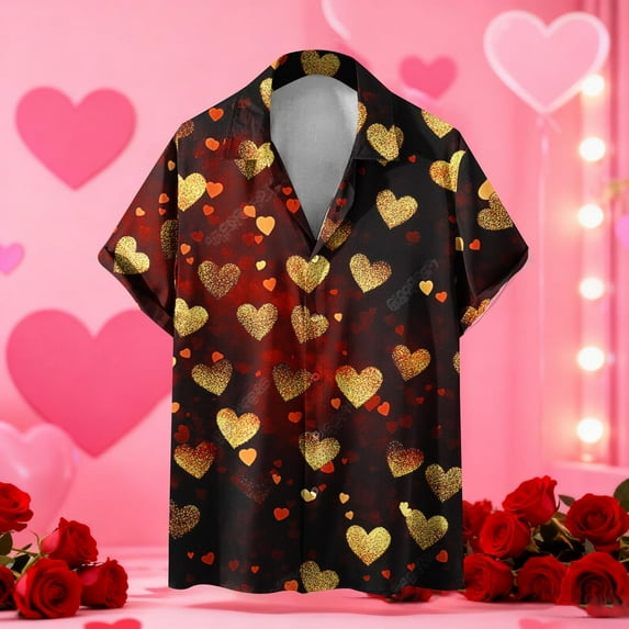 DJDLJWCJ Men’s Valentine's Day Button Shirt, Lapel Heart Print Loose ...