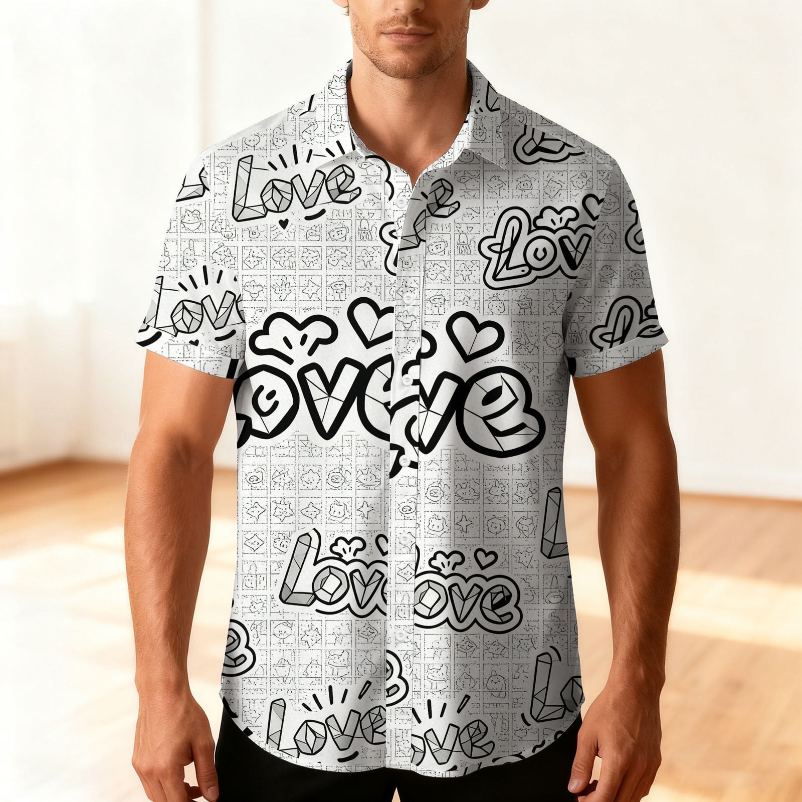 DJDLJWCJ Men’s Valentine's Day Button Shirt, Plus Size Turndown Heart ...