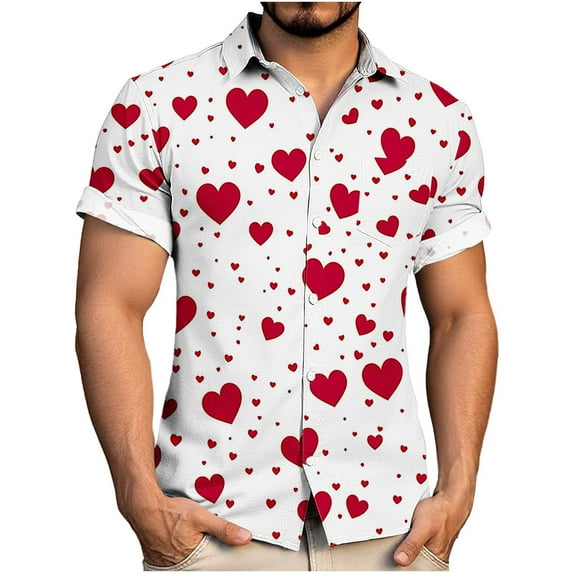 DJDLJWCJ Men’s Valentine's Day Button Shirt, Turndown Heart Print Loose ...