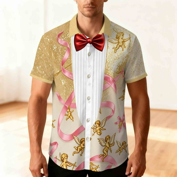 DJDLJWCJ Men’s Valentine's Day Button Shirt, Turndown Heart Print Loose ...