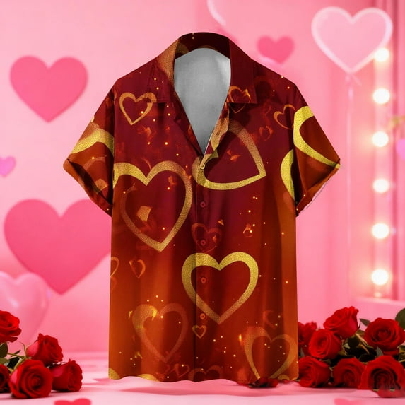DJDLJWCJ Men’s Valentine's Day Button Shirt, Turndown Heart Print Loose ...