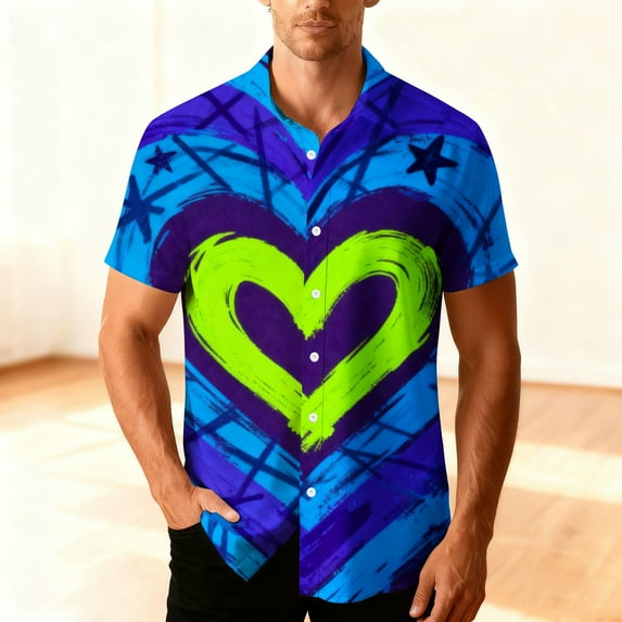 DJDLJWCJ Men’s Valentine's Day Button T Shirt, Plus Size Turndown Heart ...