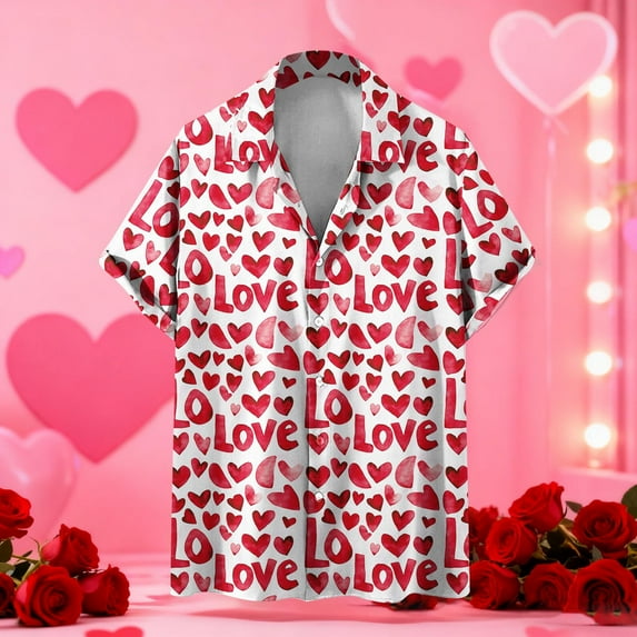DJDLJWCJ Men’s Valentine's Day Shirt Short Sleeve Button Down, Heart ...