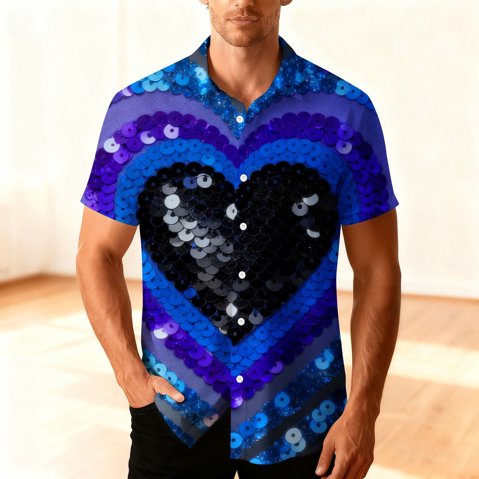 DJDLJWCJ Men’s Valentine's Day Tee Shirt, Turndown Button Shirt Short ...