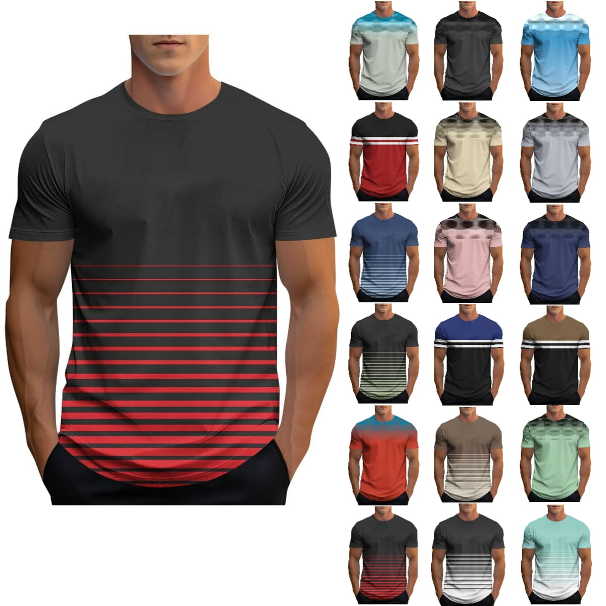 DJDLJWCJ Mens Short Sleeve Tee Shirt Crew Neck Gradient Stripe Sports ...