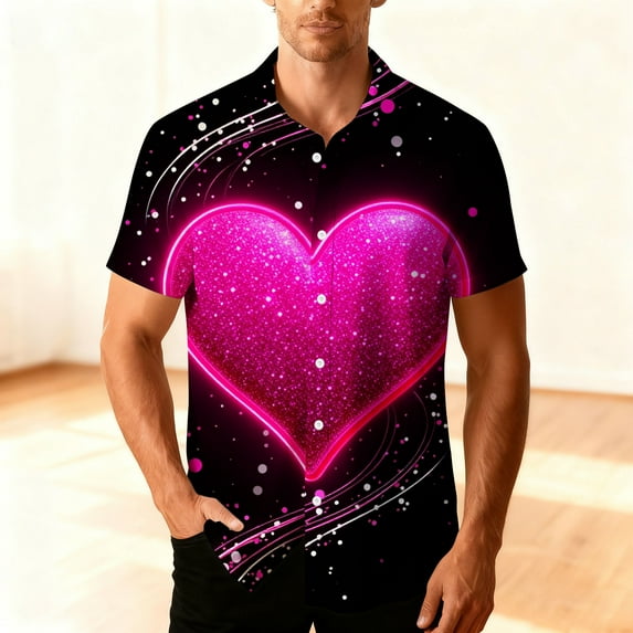 DJDLJWCJ Mens Valentine's Day Shirt, Plus Size Heart Print Turndown ...