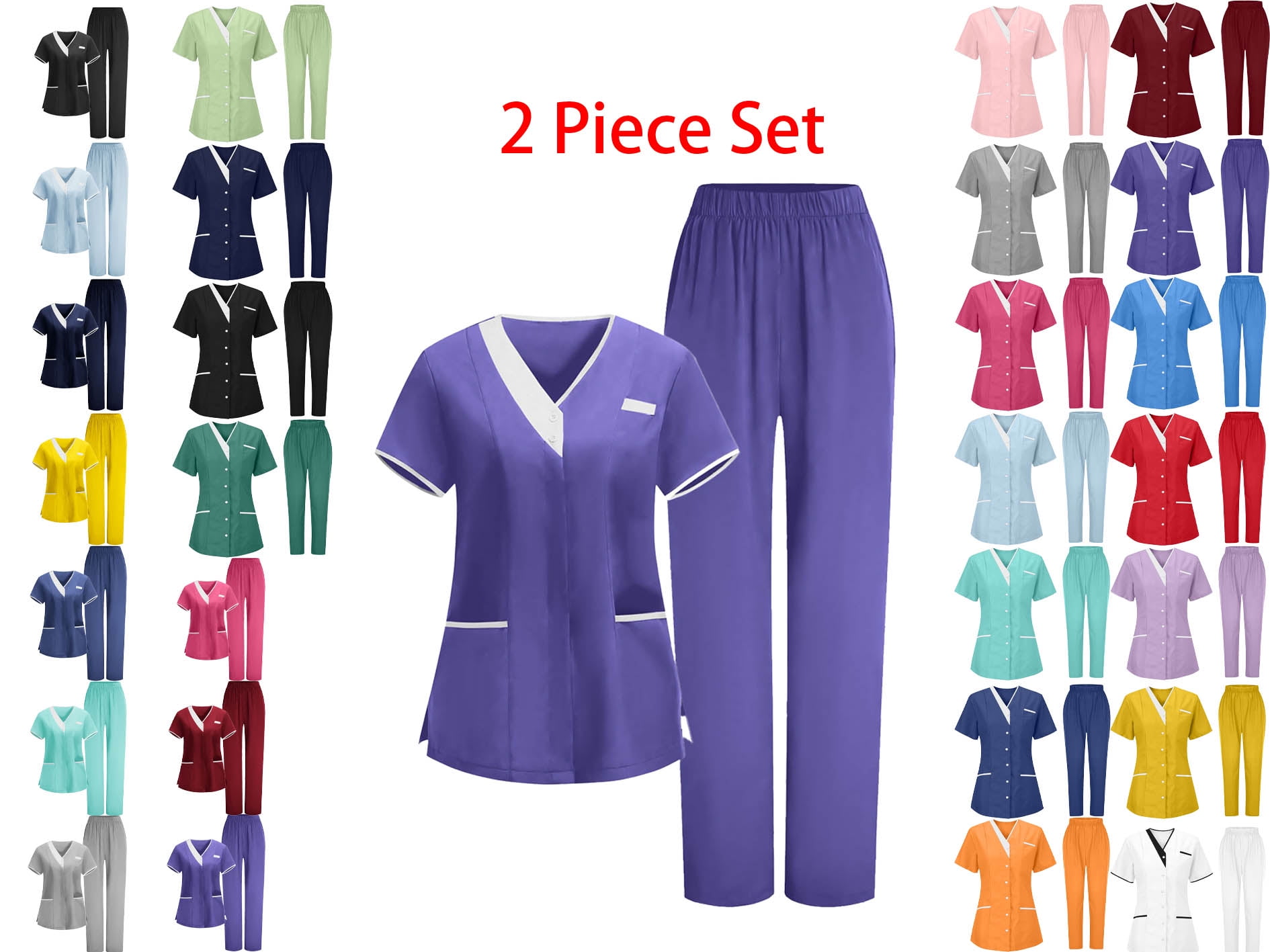 DJDLJWCJ Women Scrub Sets 2 Pieces Comfy V-Neck Short Sleeve Button ...